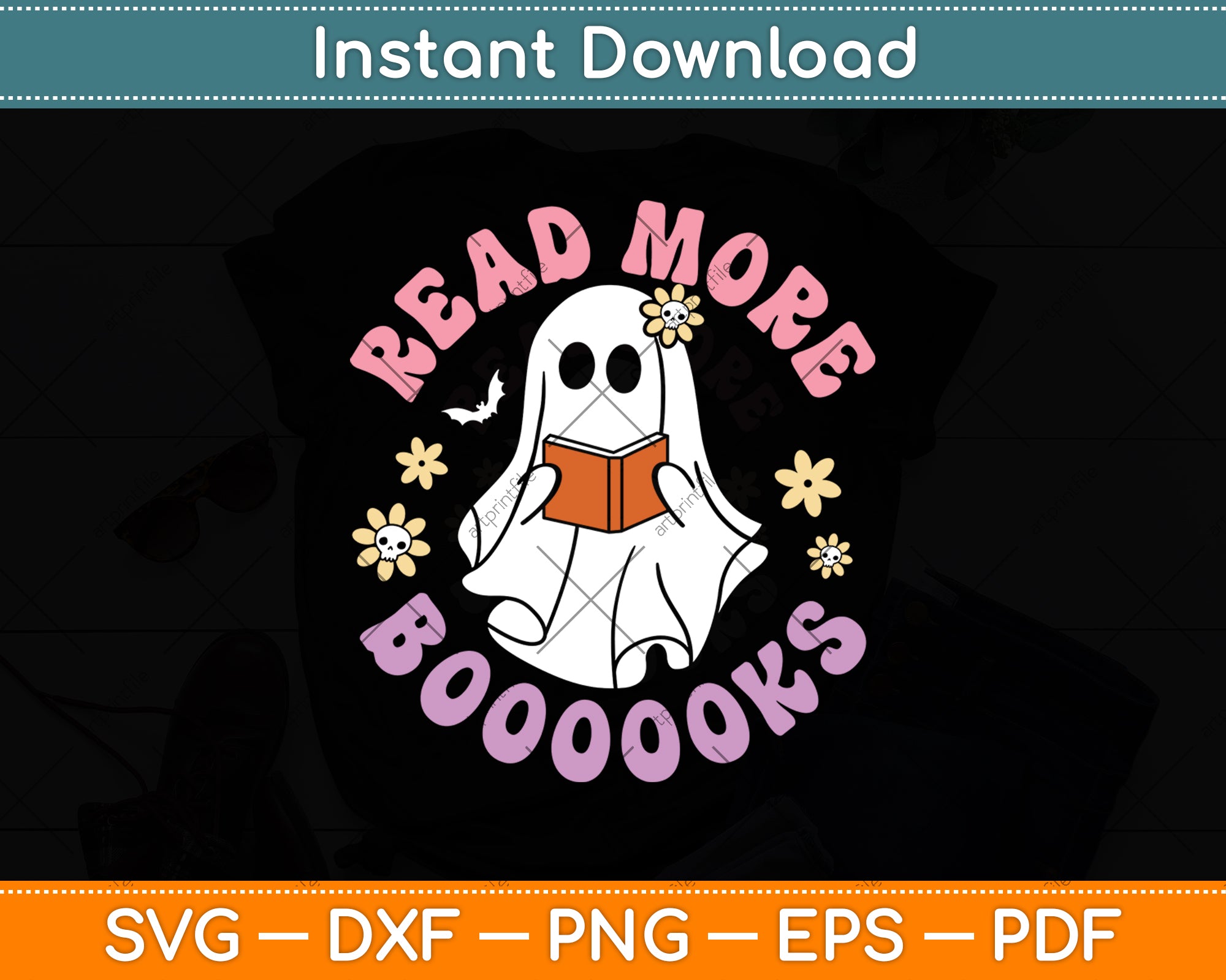 Funny Halloween Read More Booooks Cute Ghost Reading Books Svg File ...