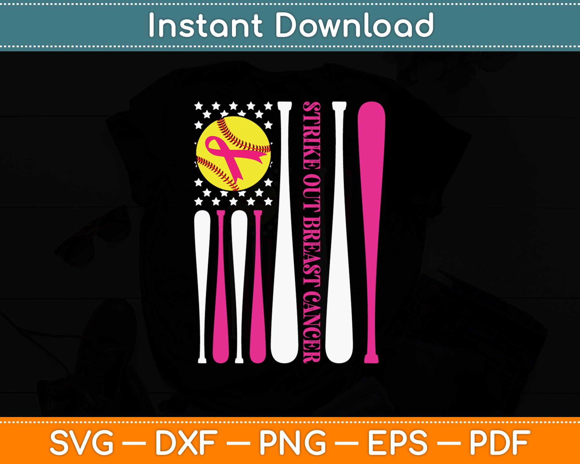 Strike Out Breast Cancer Softball Fight Awareness US Flag Svg Cut File ...