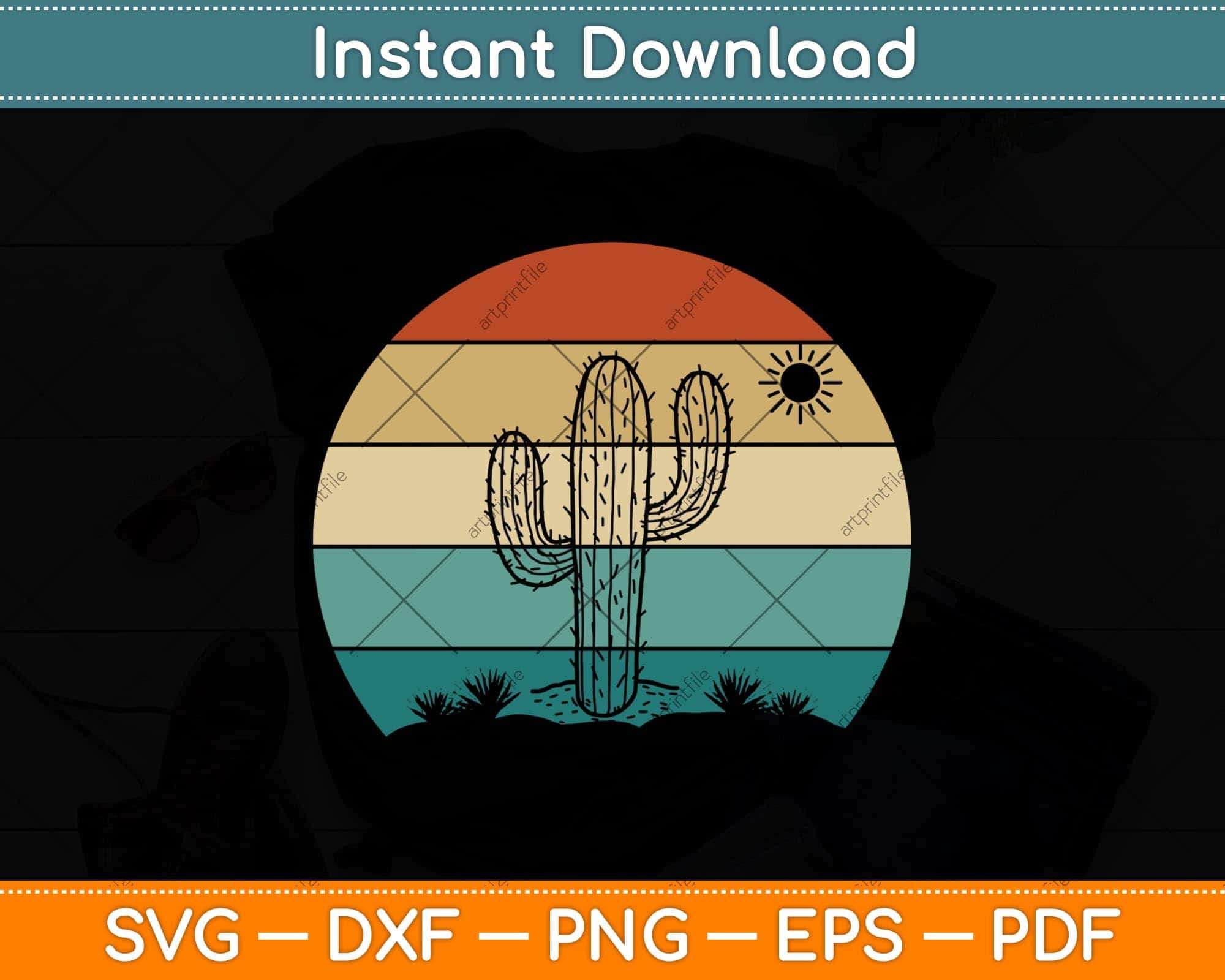 Retro Vintage Saguaro Cactus Cactus Sunset Opuntia Cactaceae Svg File ...